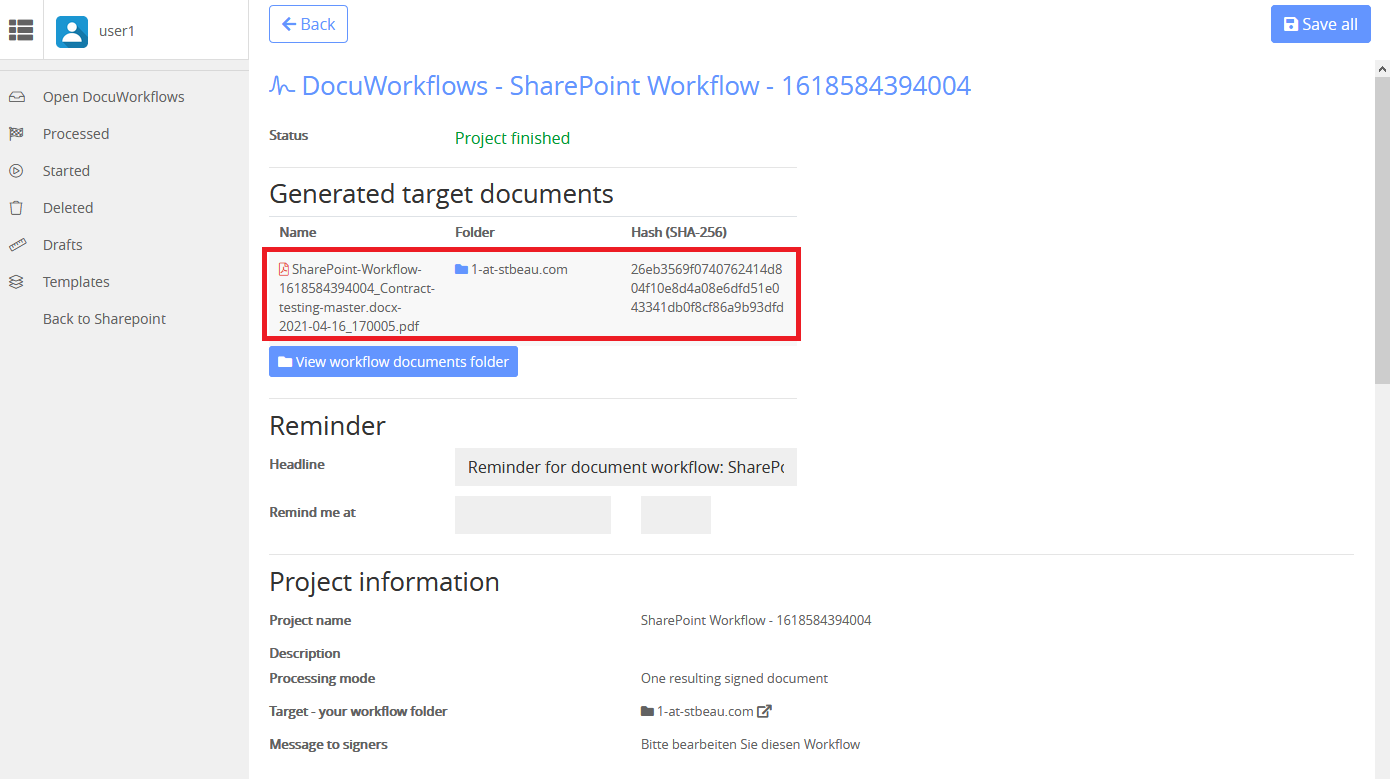 Hash value of a workflow document - cloudplan Help
